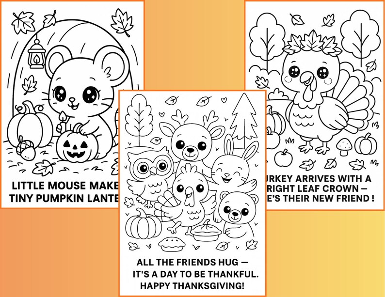 Fall & Thanksgiving Coloring Story Book for Kids | Cute Kawaii Animals ...