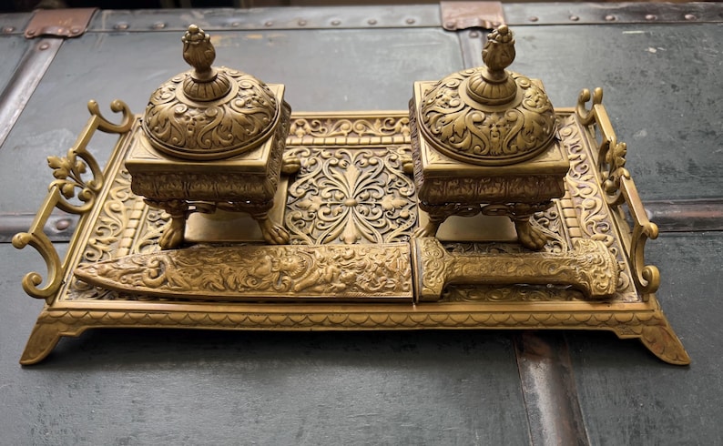 Antique Brass Double Inkwell Desk Set: Victorian Office Decor - Etsy