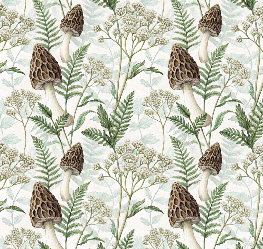 Morel Jungle Mushroom Pattern Fabric - 100% Cotton - Sewing, Apparel ...