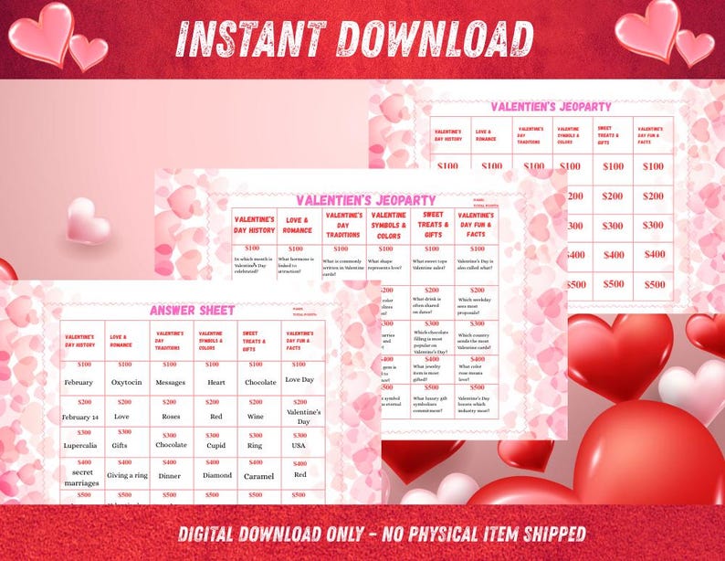 Valentine’s Day Jeopardy Game Printable, Party Game for Kids & Adults ...