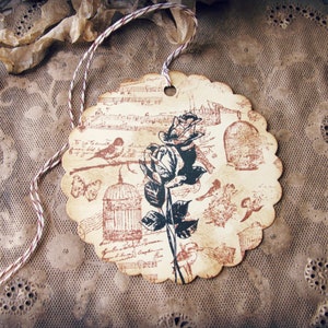 Round Gift Tags, Vintage Bird and Rose Design, Hand Stamped, Aged ...