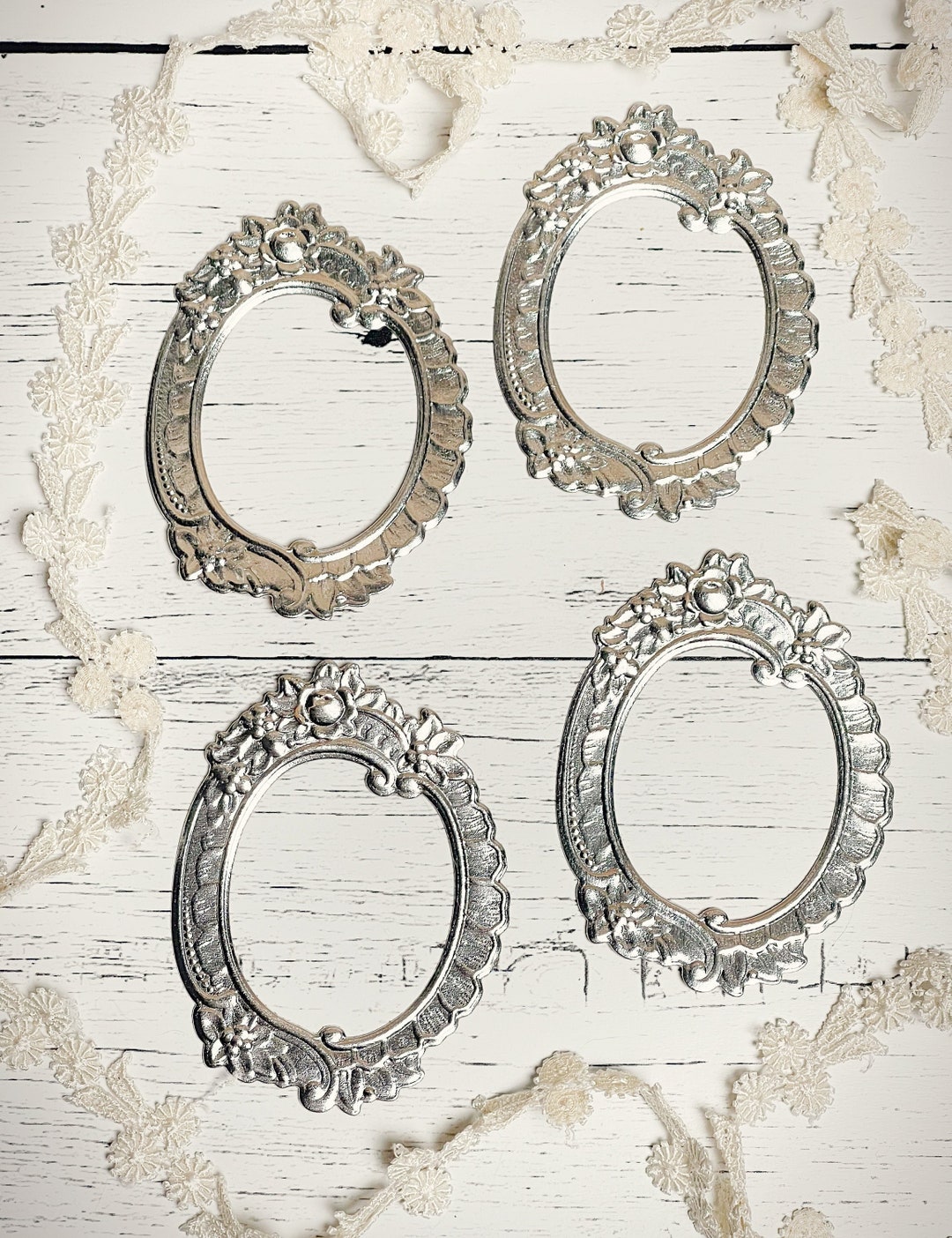 Small Embossed Frames, Silver Foil, Paper Die Cuts, Oval Floral ...
