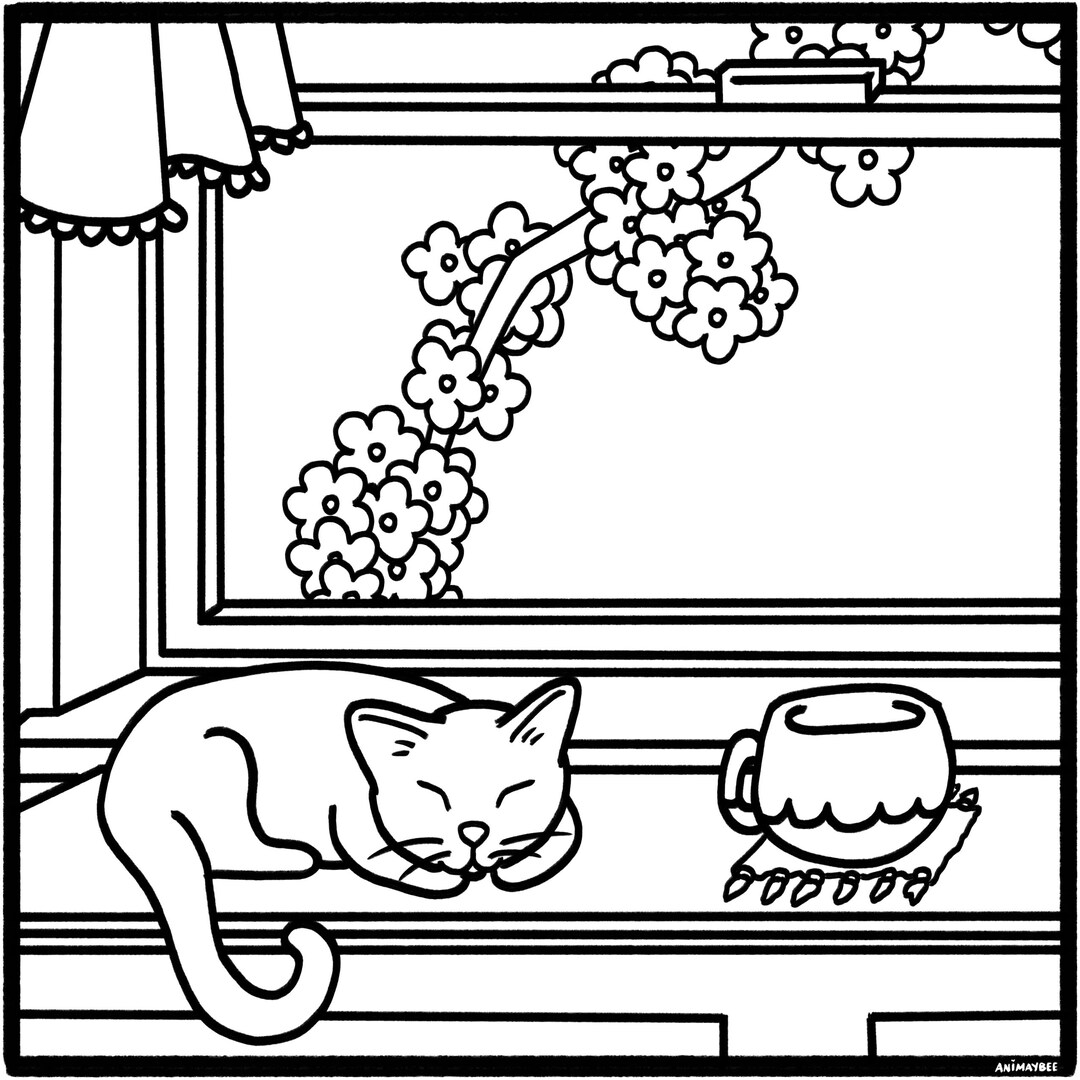 Sleepy Cat Coloring Page | Cherry Blossom Window (digital Download ...