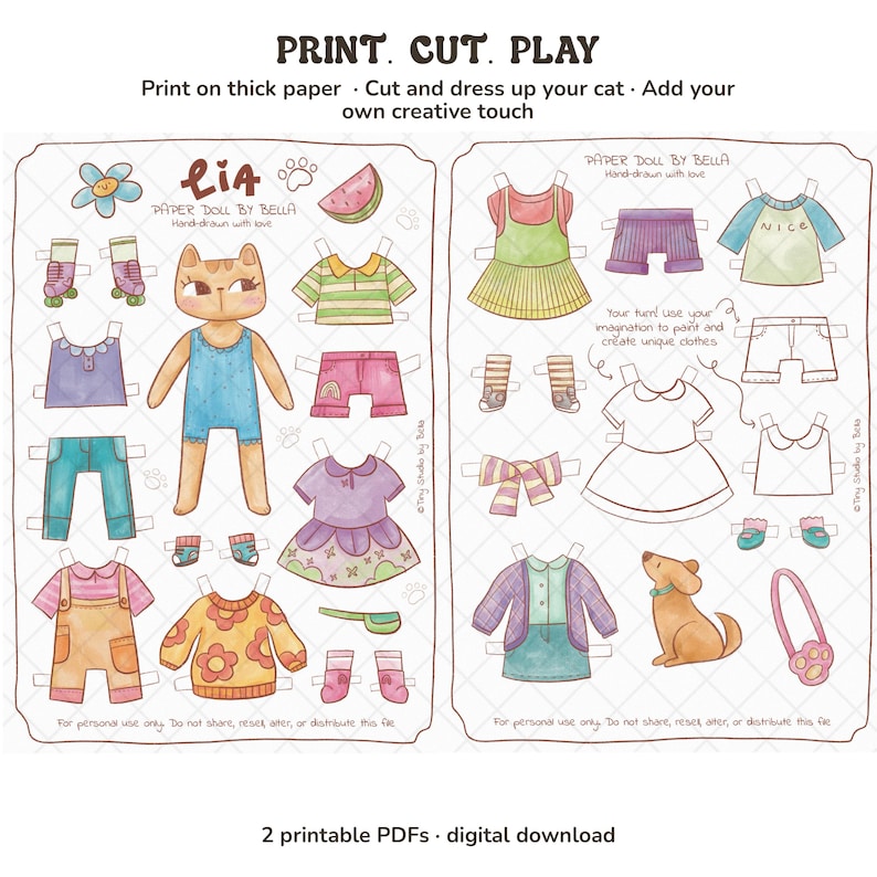 Hand-drawn Cat Paper Doll With Outfits (printable PDF) – Kids Craft ...