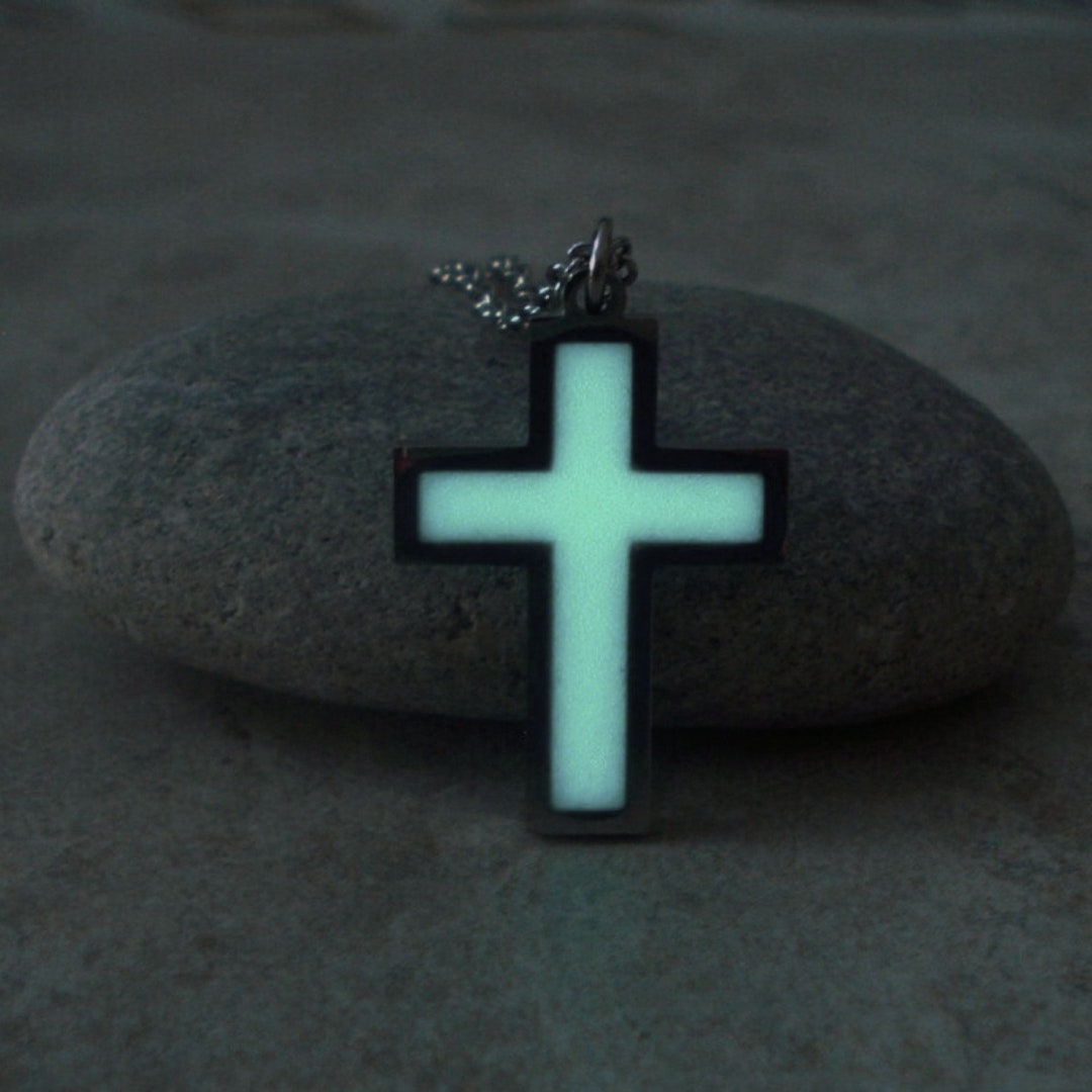 White Cross Necklace Glow in the Dark Stainless Steel - Etsy
