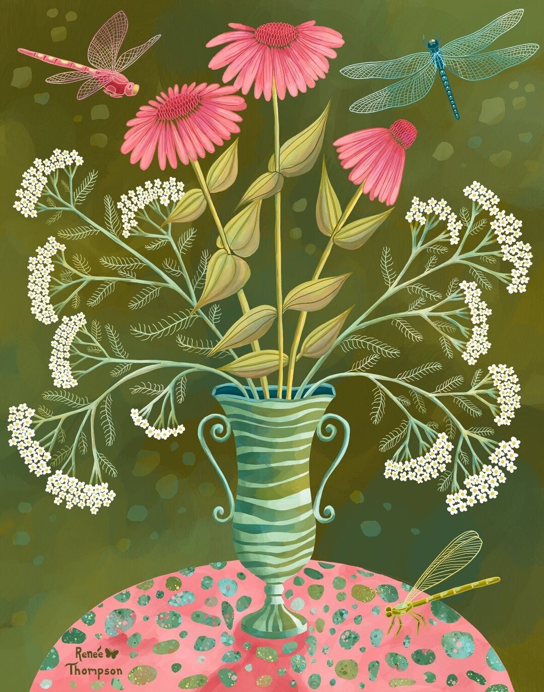 Dragonflies, Coneflower & Yarrow PRINT - Flower Wall Art, Floral Art ...