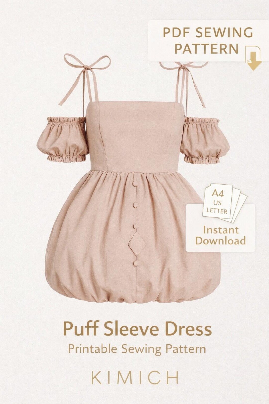 Bow Puff Mini Dress Sewing Pattern | A4 Printable PDF | Puff Sleeve ...