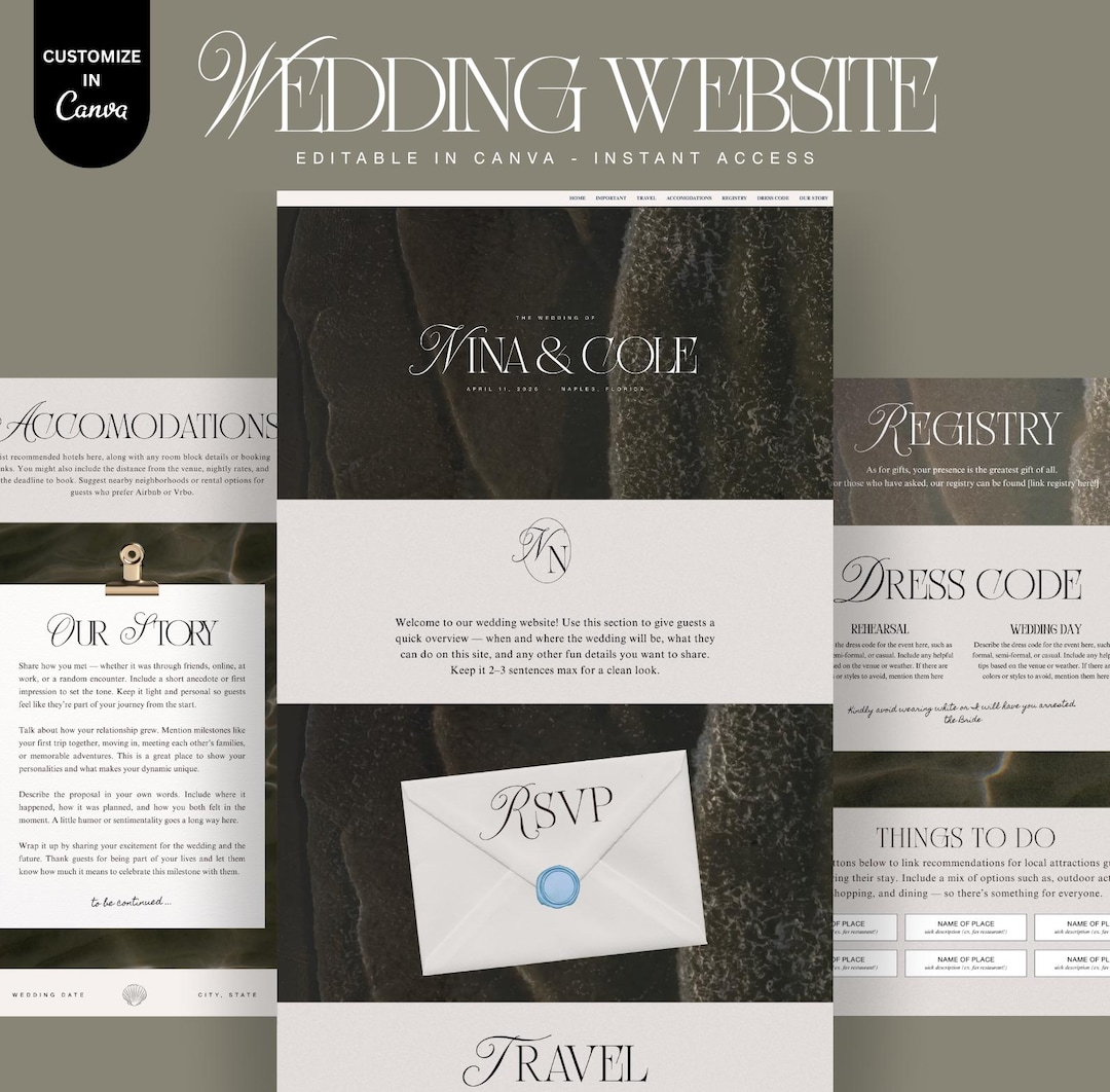 Beach Wedding Website Template: Minimalist, Customizable Canva Design ...