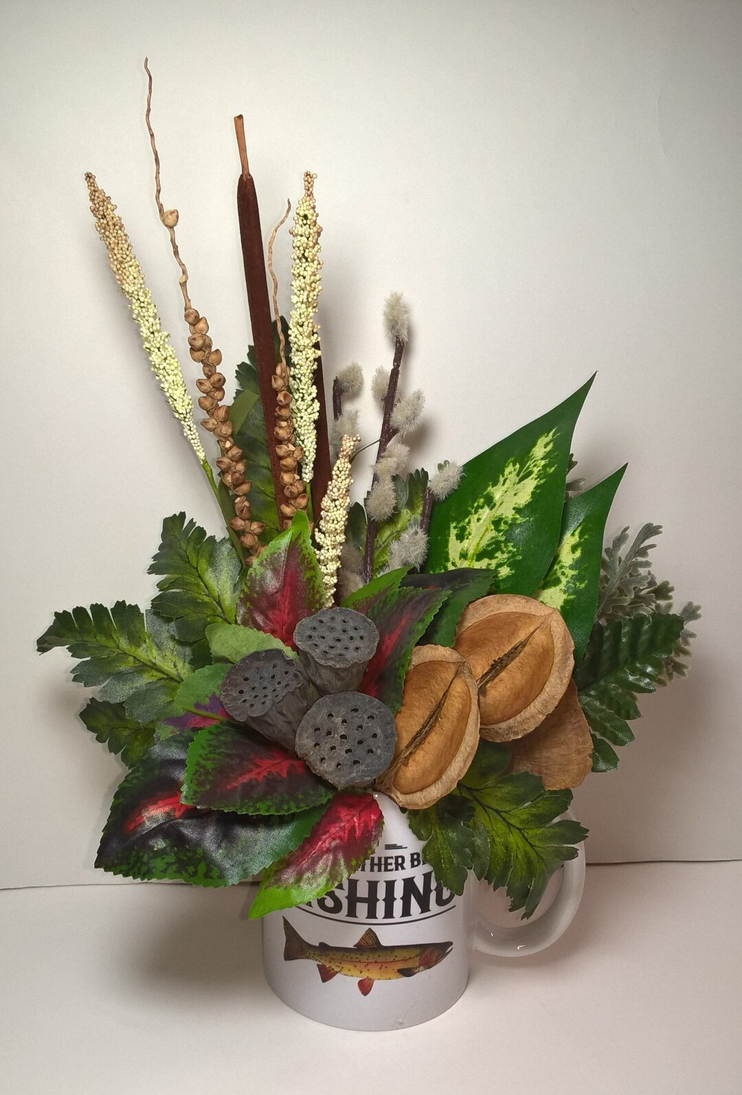 Greenery Floral Arrangement I Would Rather Be Fishing Mug Centerpiece ...