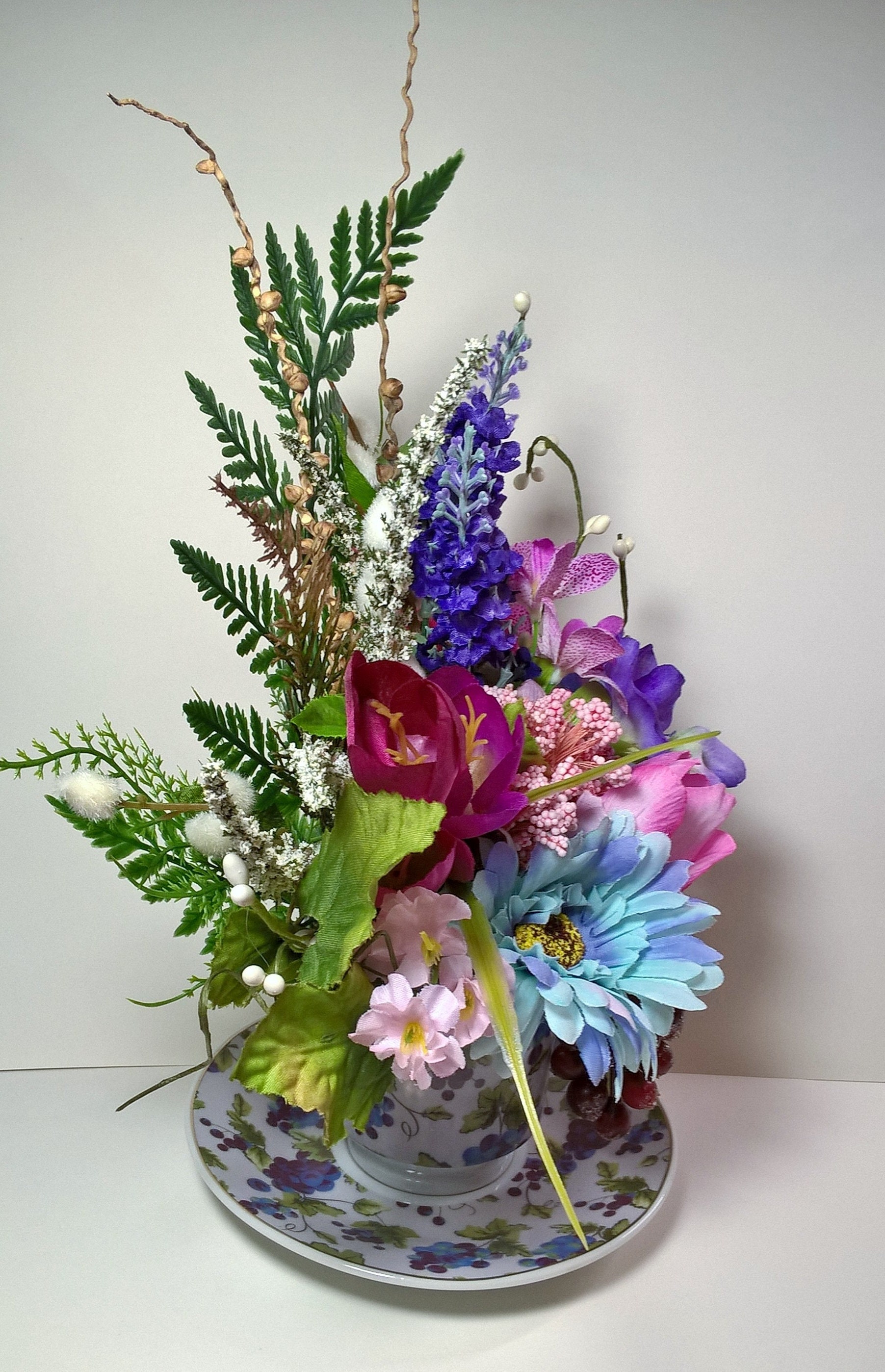 Tea Cup - Spring Floral Arrangement - Grapes - Silk Table Decoration ...