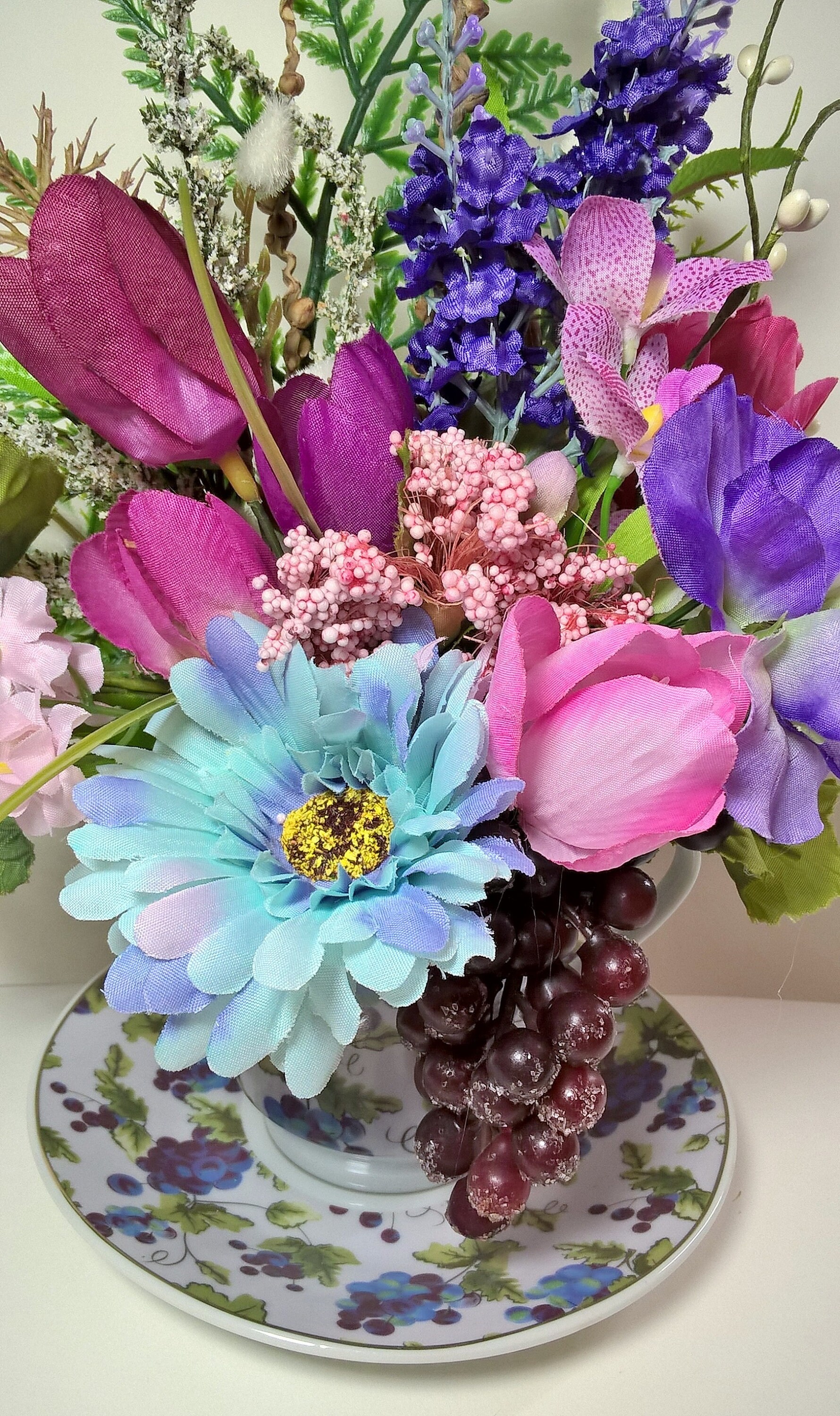 Tea Cup - Spring Floral Arrangement - Grapes - Silk Table Decoration ...