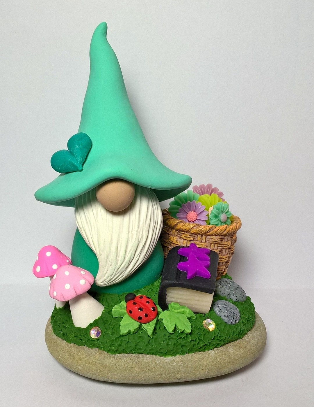 Fairy Garden Gnome on River Rock - Book - Mushrooms - Flowers - Ladybug ...