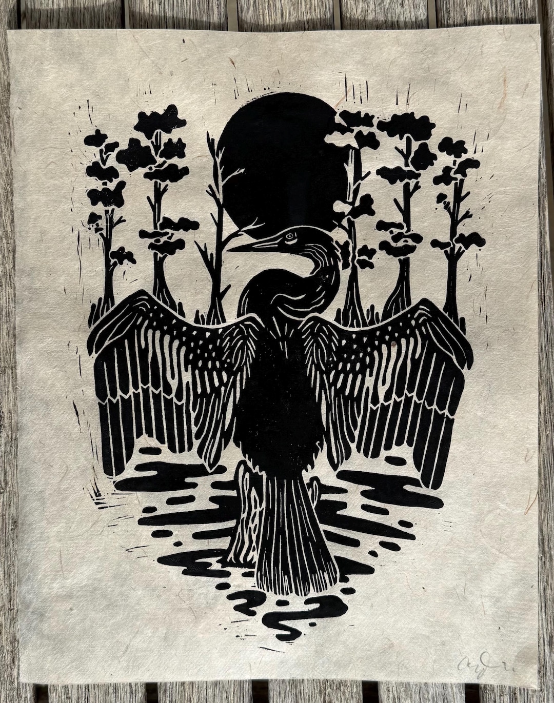Anhinga | Handmade Linocut Print on 8x10” Lokta Paper | Snake Bird ...