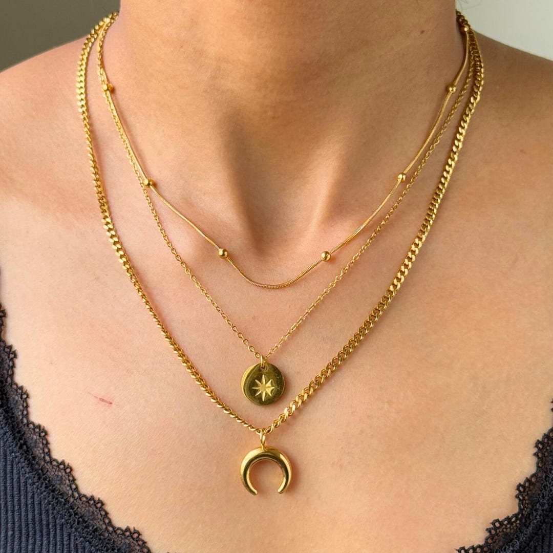 Layered Celestial Moon Necklace by Feel Amara • 18K Gold Triple Chain ...