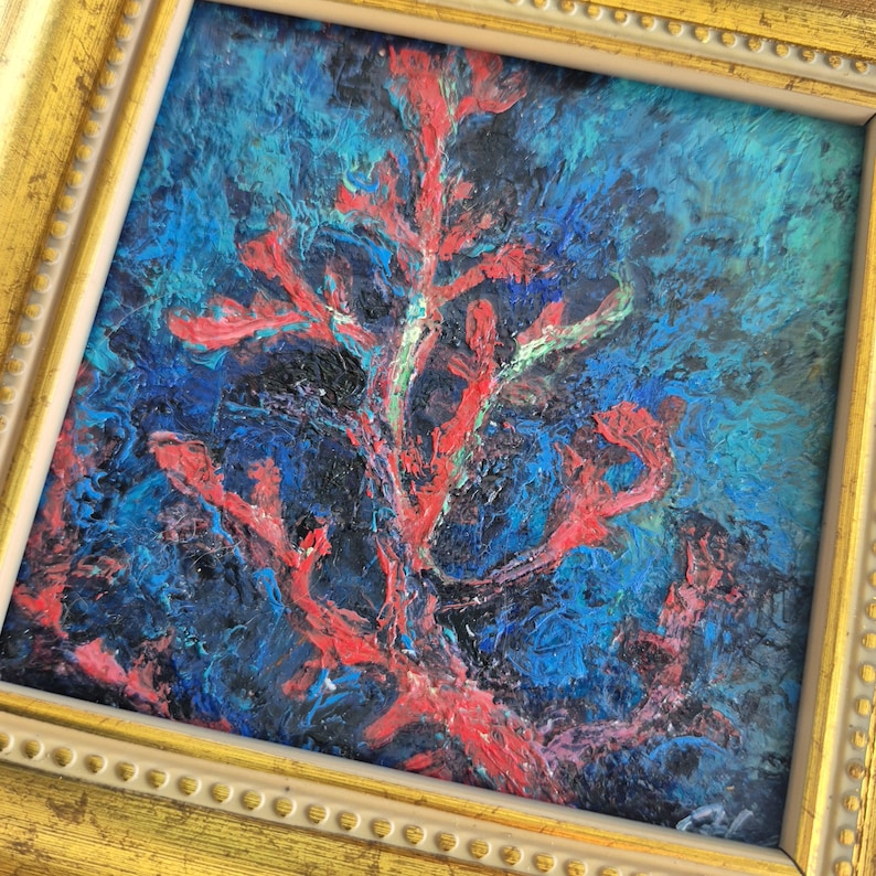 Original Coral Reef Oil Painting, Framed Deep Blue Ocean Wall Art ...