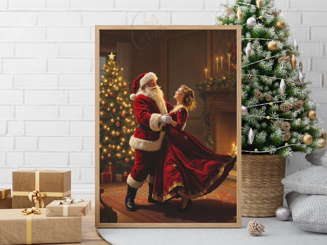 Santa & Mama Dancing by Firelight Christmas Wall Art Vintage Holiday ...