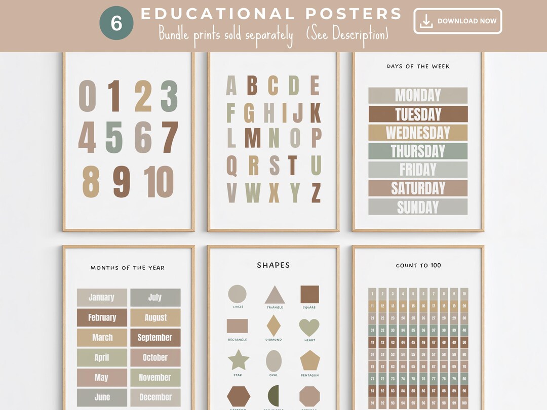 Set of 6 Educational Posters | Alphabet, Numbers, Shapes, Months & Days ...