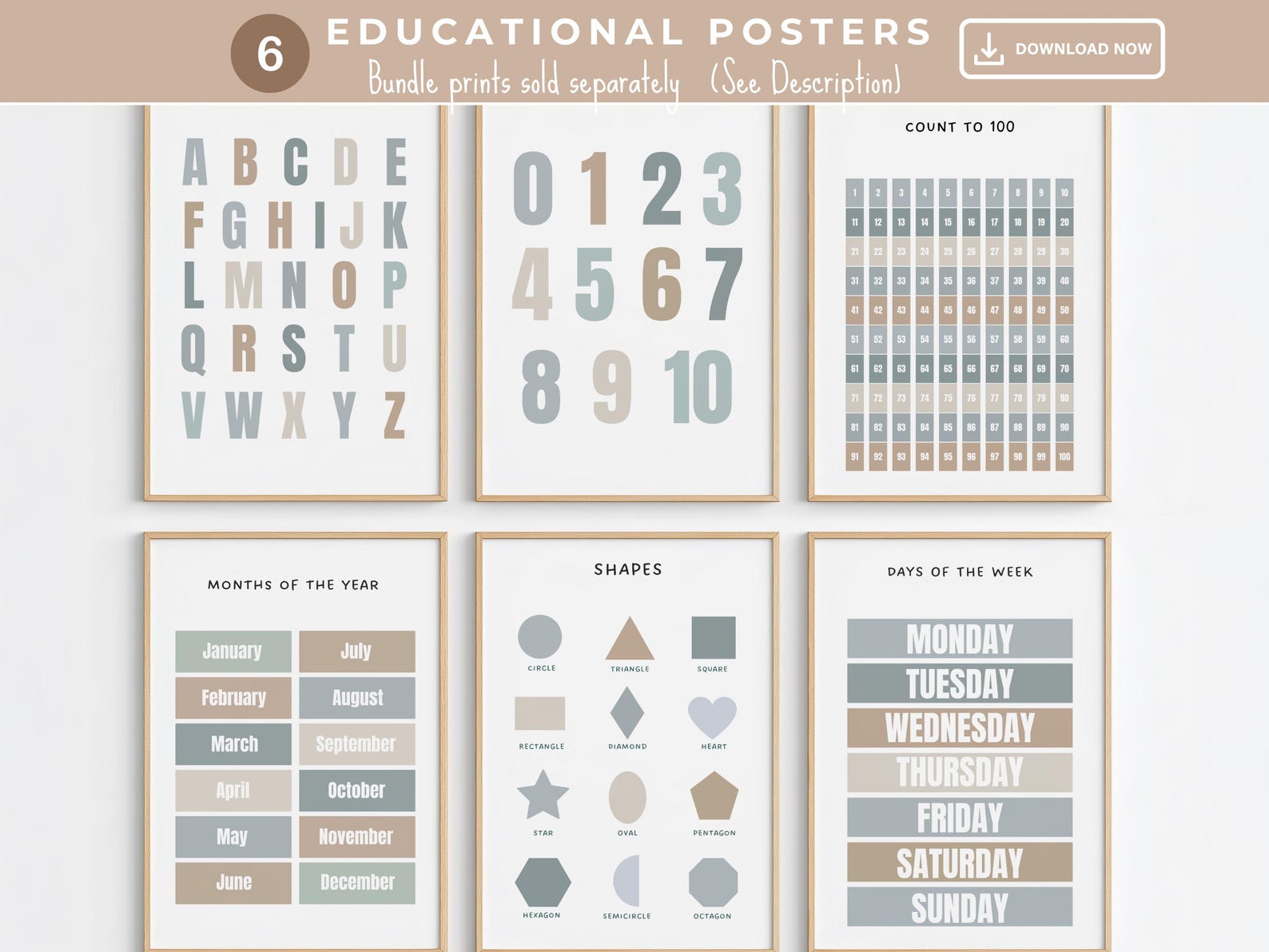 Neutral Alphabet and Numbers Chart, ABC 123 Wall Art, Preschool ...