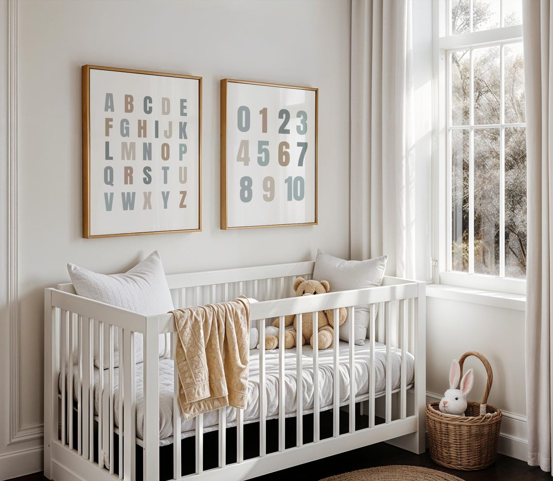 Neutral Alphabet and Numbers Chart, ABC 123 Wall Art, Preschool ...