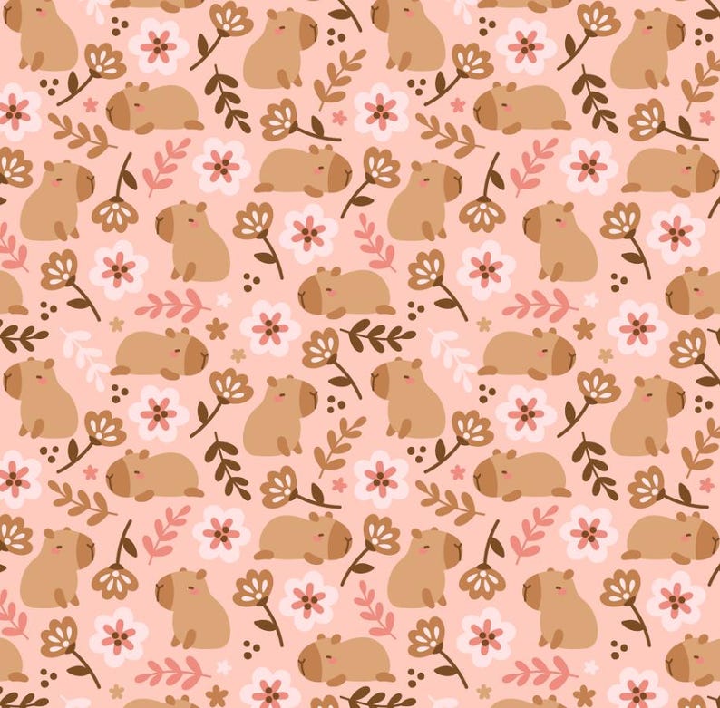 Capybara Floral Fabric 100% Cotton, Half Yard Sold, Craft Cotton ...