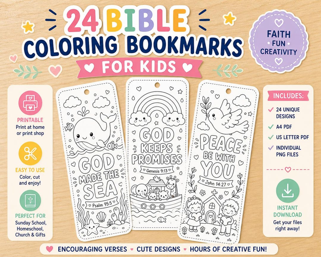 24 Bible Coloring Bookmarks for Kids, Printable Christian Bookmarks ...
