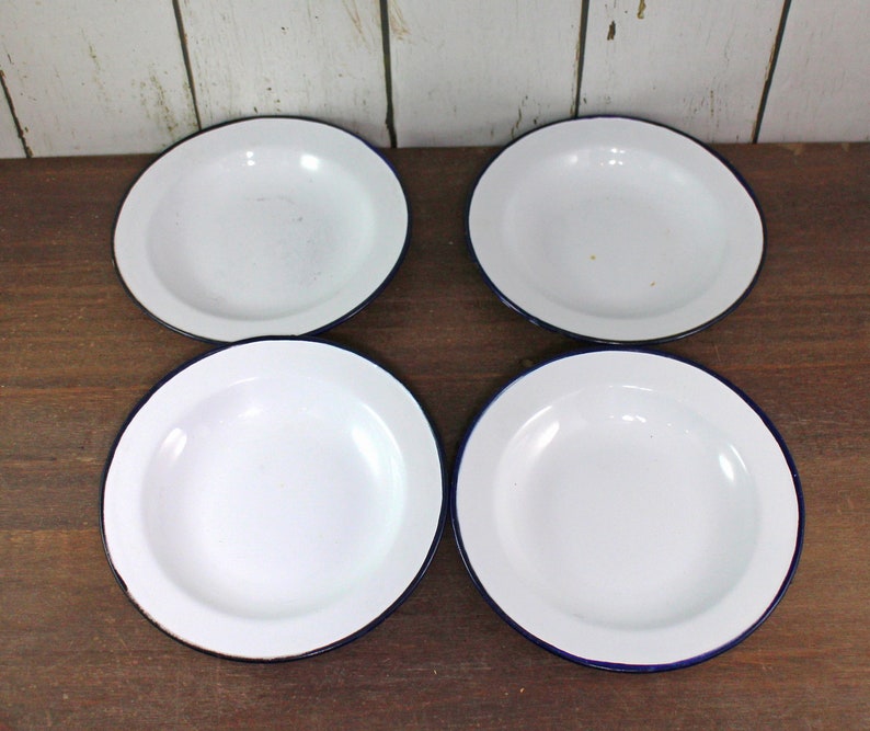 4 Vintage Enamel Plates White Enamel With Black Rim - Etsy