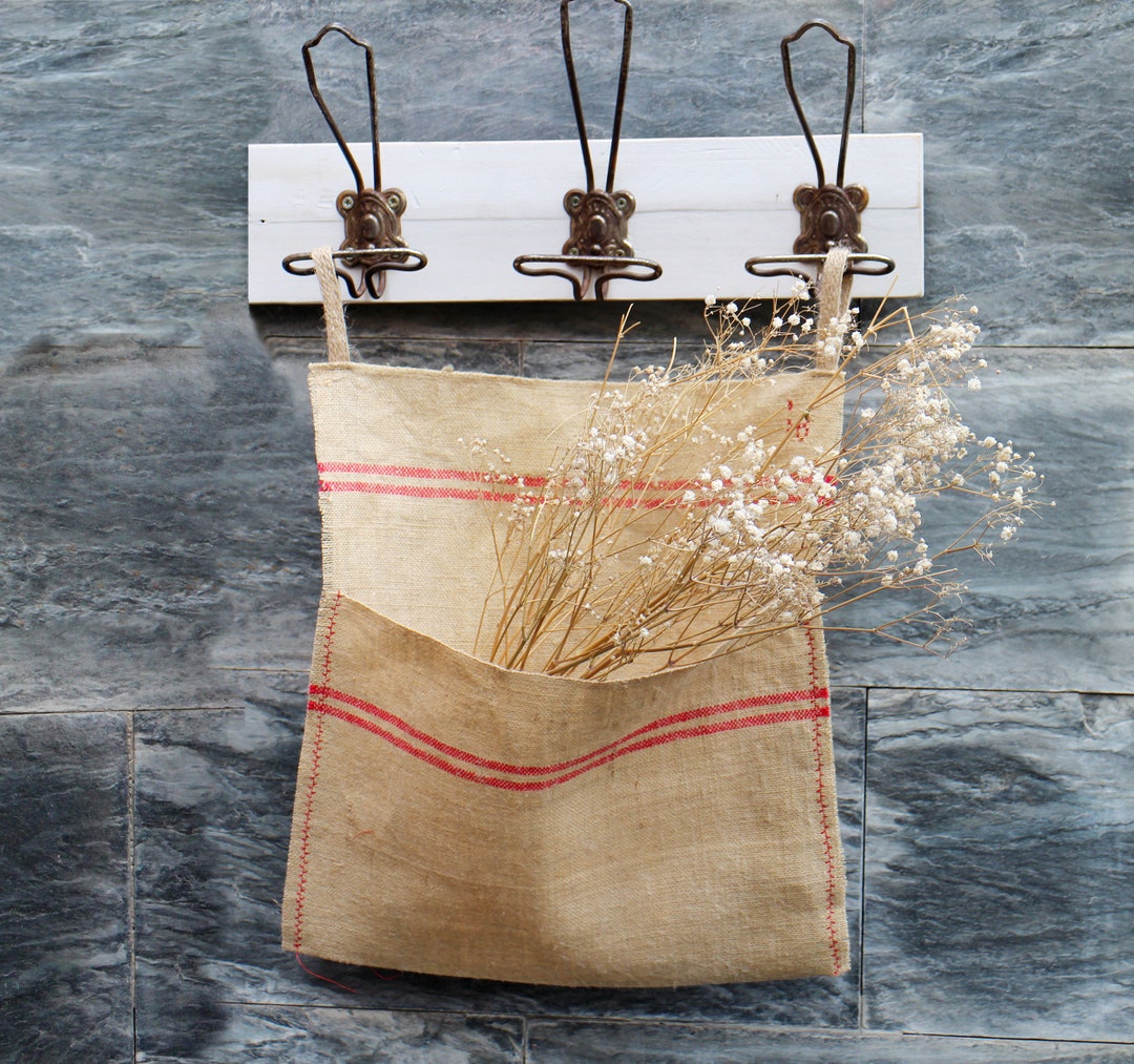 Antique Grain Sack Wall Pocket Red Stripes Wall Pocket Farmhouse Rustic ...