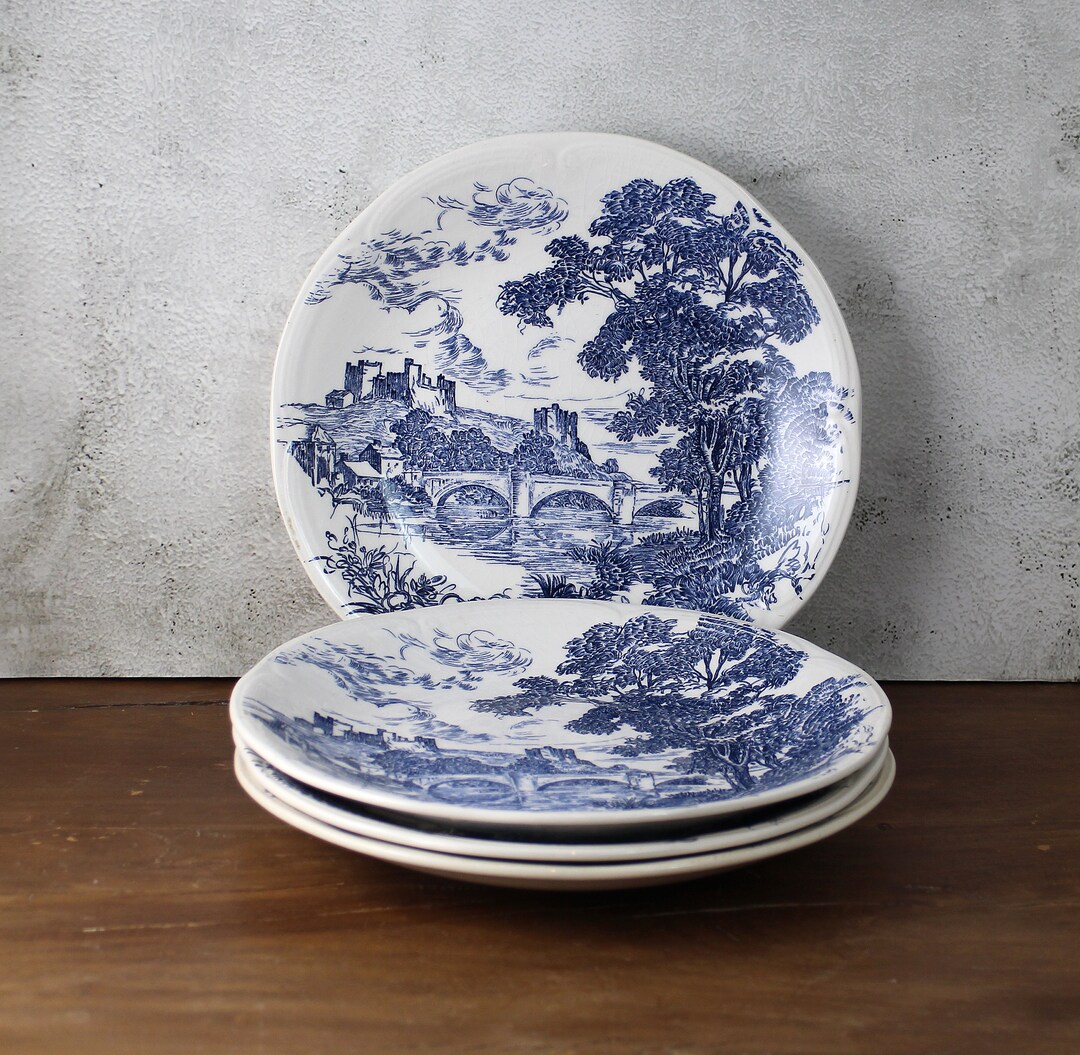 Vintage French Plates - Set of 4 Blue Plates - Landscape Transferware ...