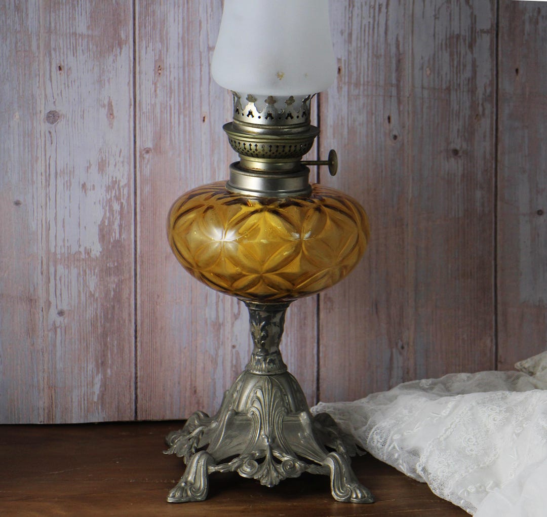 Vintage French Oil Lamp: Large Yellow Glass Font, Carved Base - Etsy