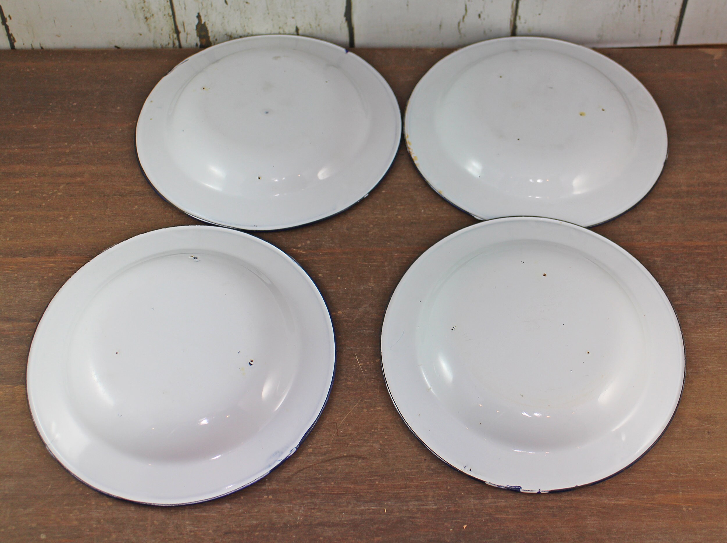 4 Vintage Enamel Plates White Enamel With Black Rim - Etsy