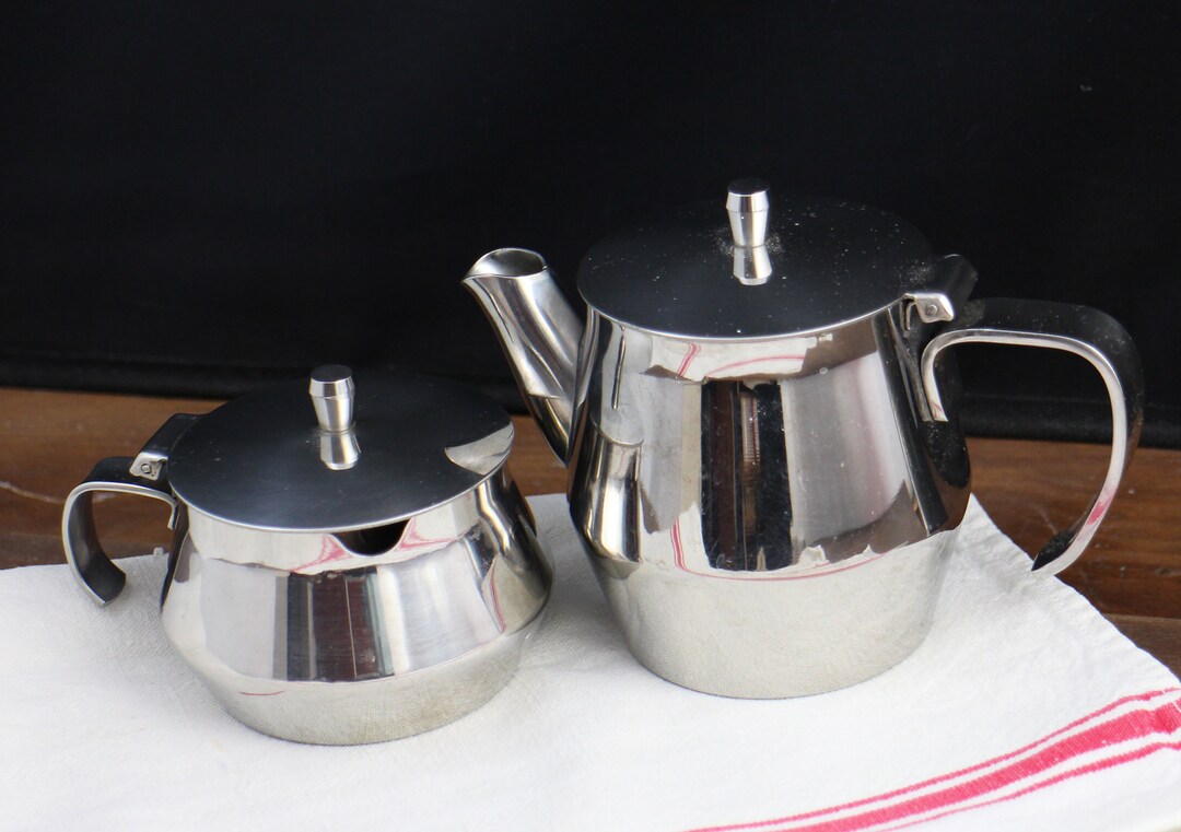 Retro Vintage Stainless Steel Tea Serving Set Teapot and Sugar Bowl ...