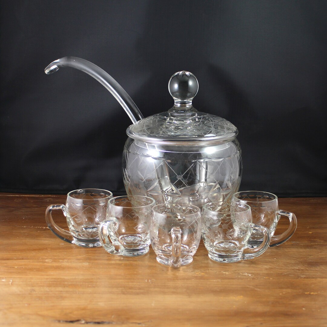 Vintage Glass Punch Bowl and Cups, Set Handmade Cut Engraved Crystal ...