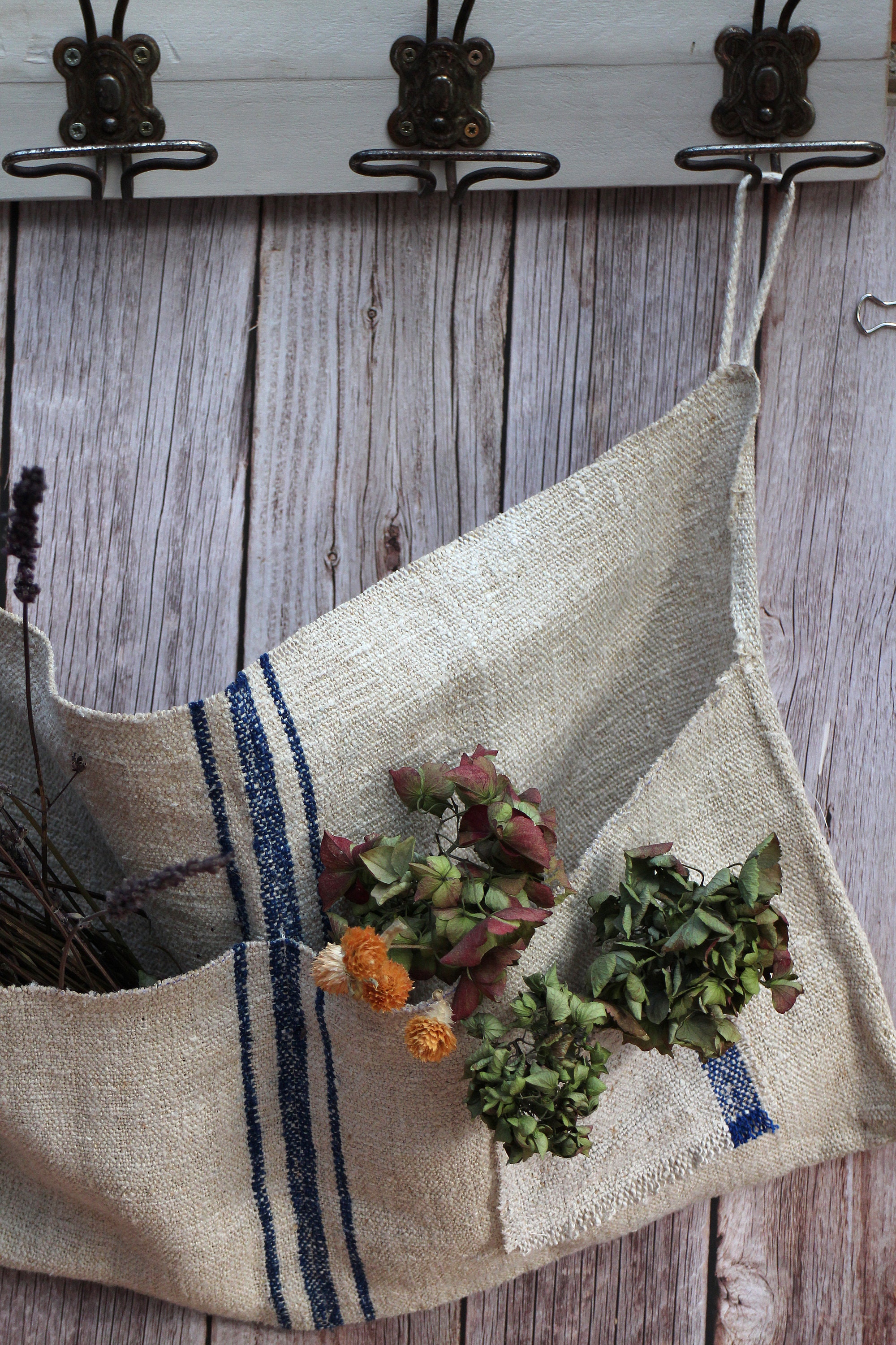 Vintage Grain Sack Wall Pocket Blue Stripes Wall Pocket Farmhouse ...