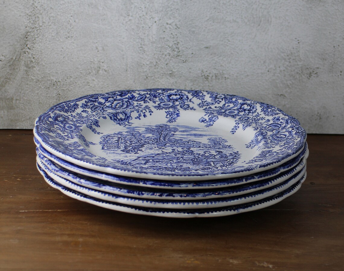 Vintage French Plates - Set of 5 Plate, Ironstone Blue Transferware ...