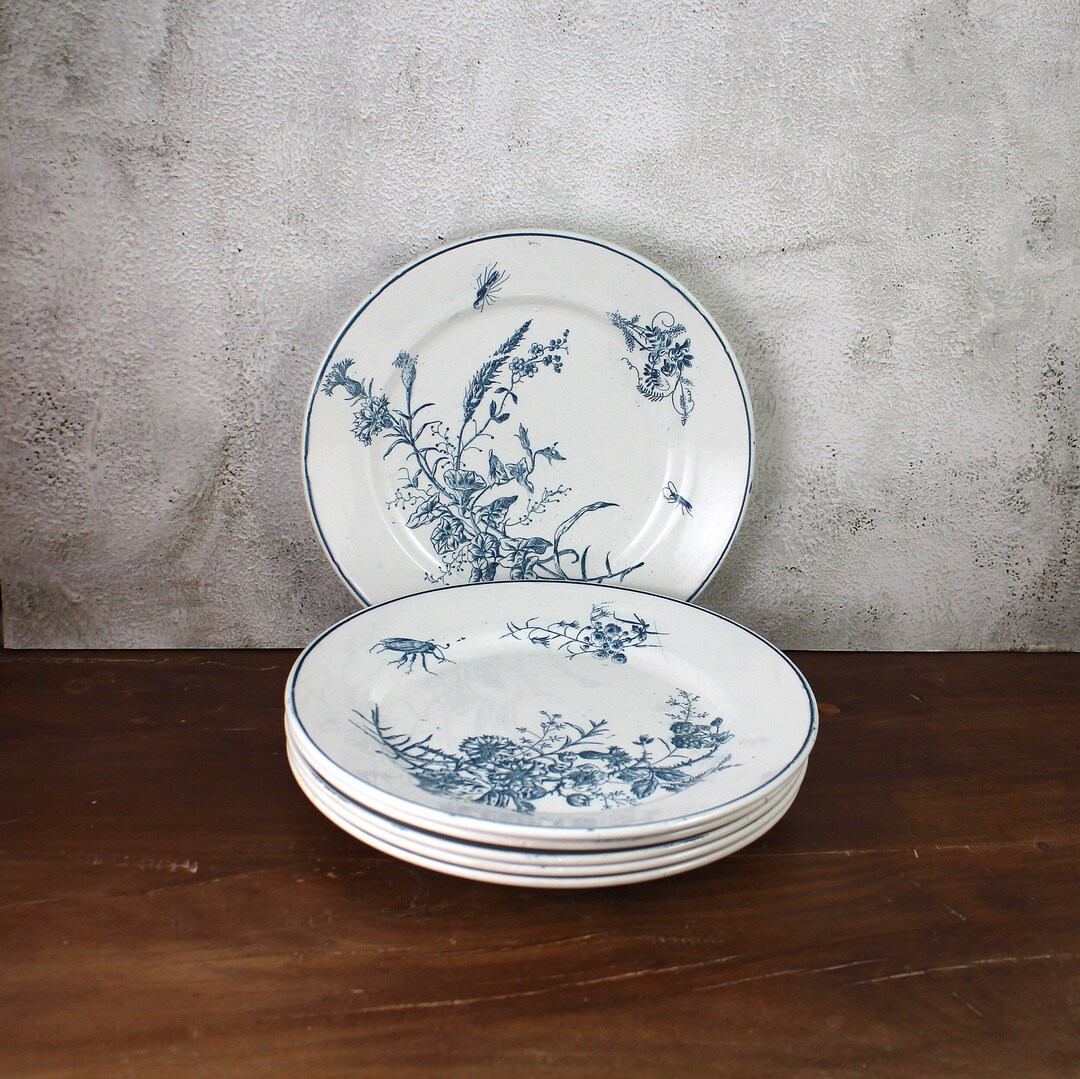 Set of 6 Vintage French Plates 6 Ironstone Plates Blue Transferware ...