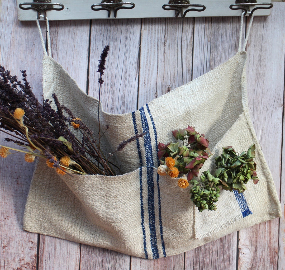Vintage Grain Sack Wall Pocket Blue Stripes Wall Pocket Farmhouse ...