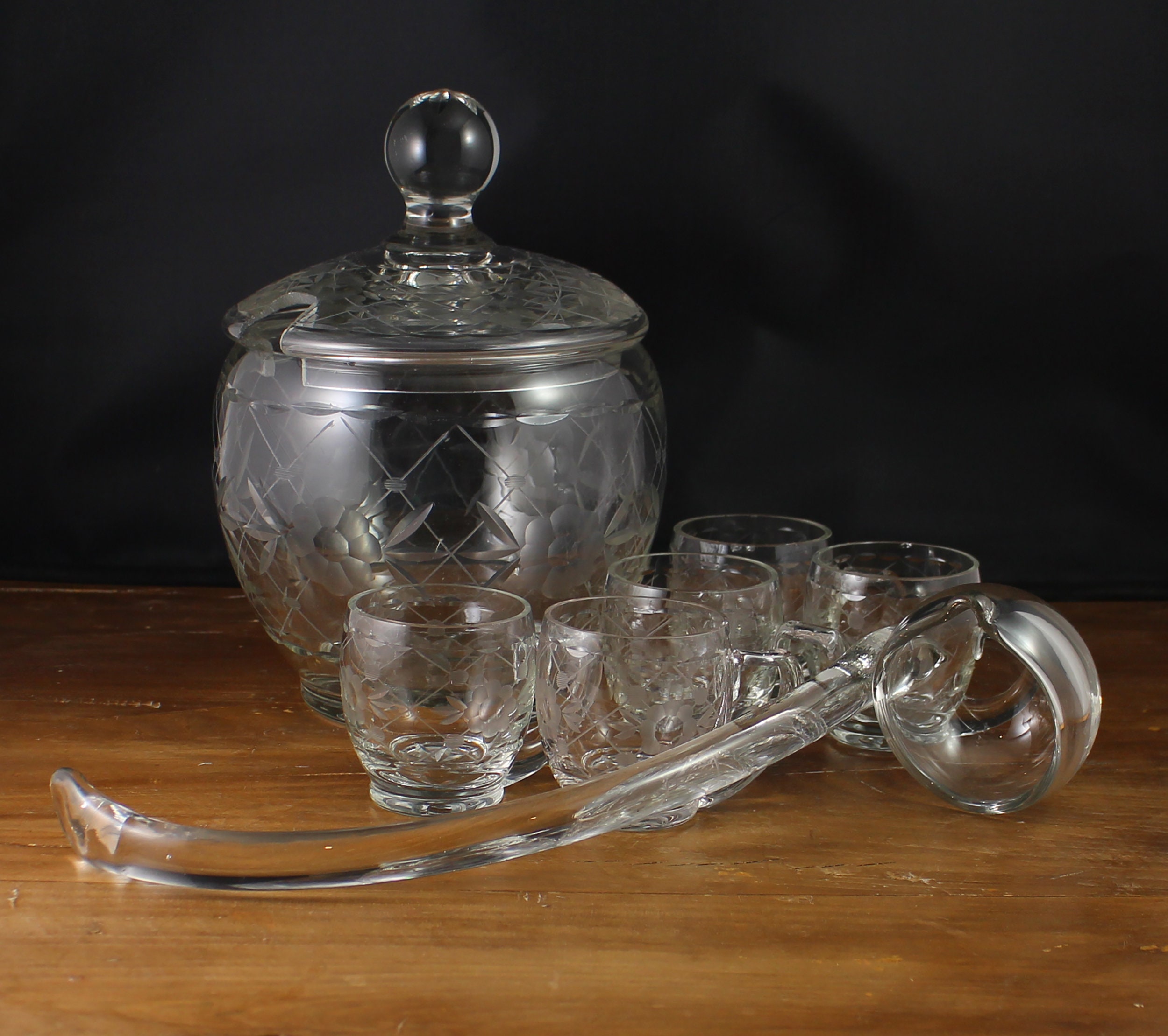 Vintage Glass Punch Bowl and Cups, Set Handmade Cut Engraved Crystal ...