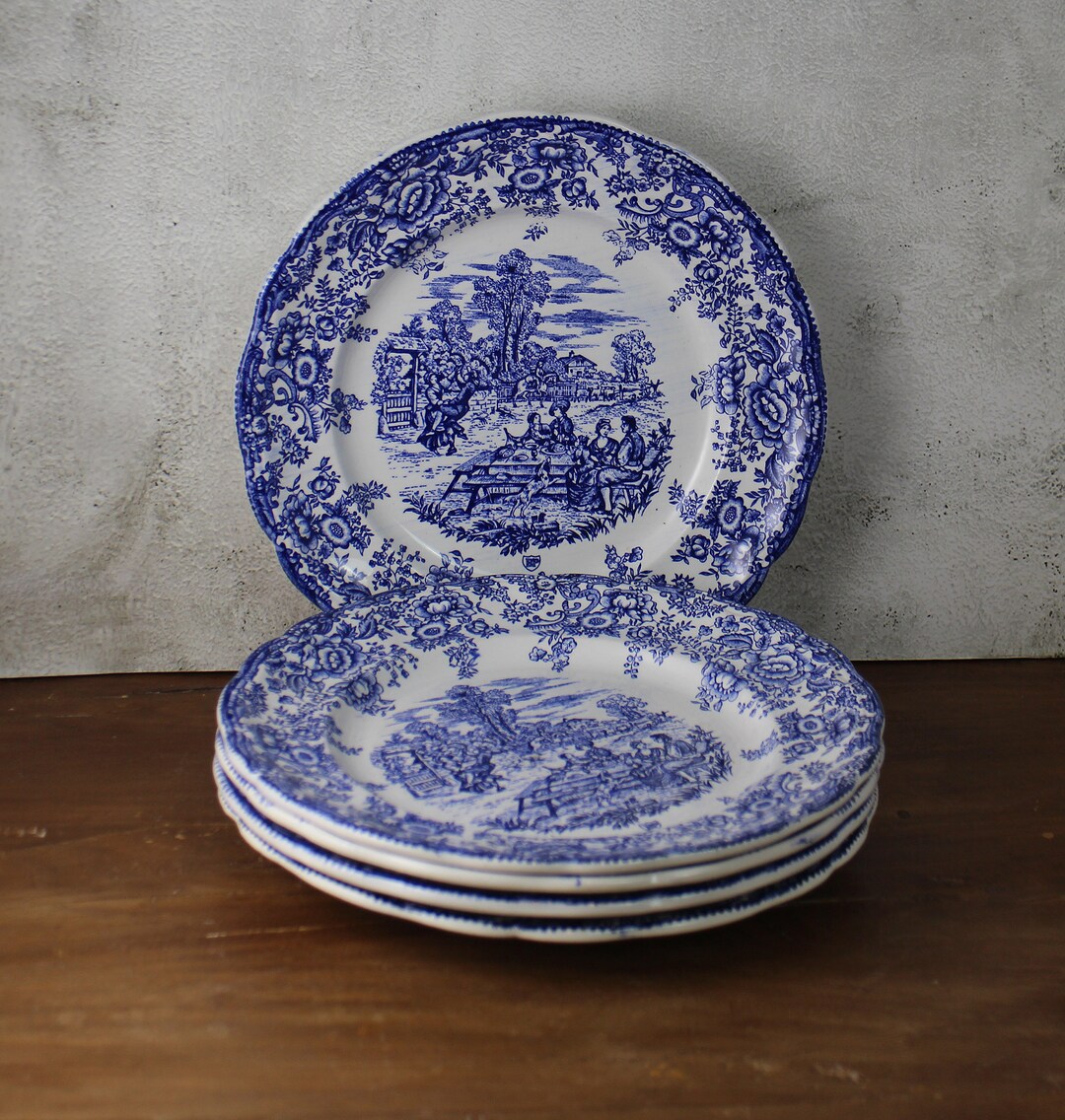 Vintage French Plates - Set of 5 Plate, Ironstone Blue Transferware ...