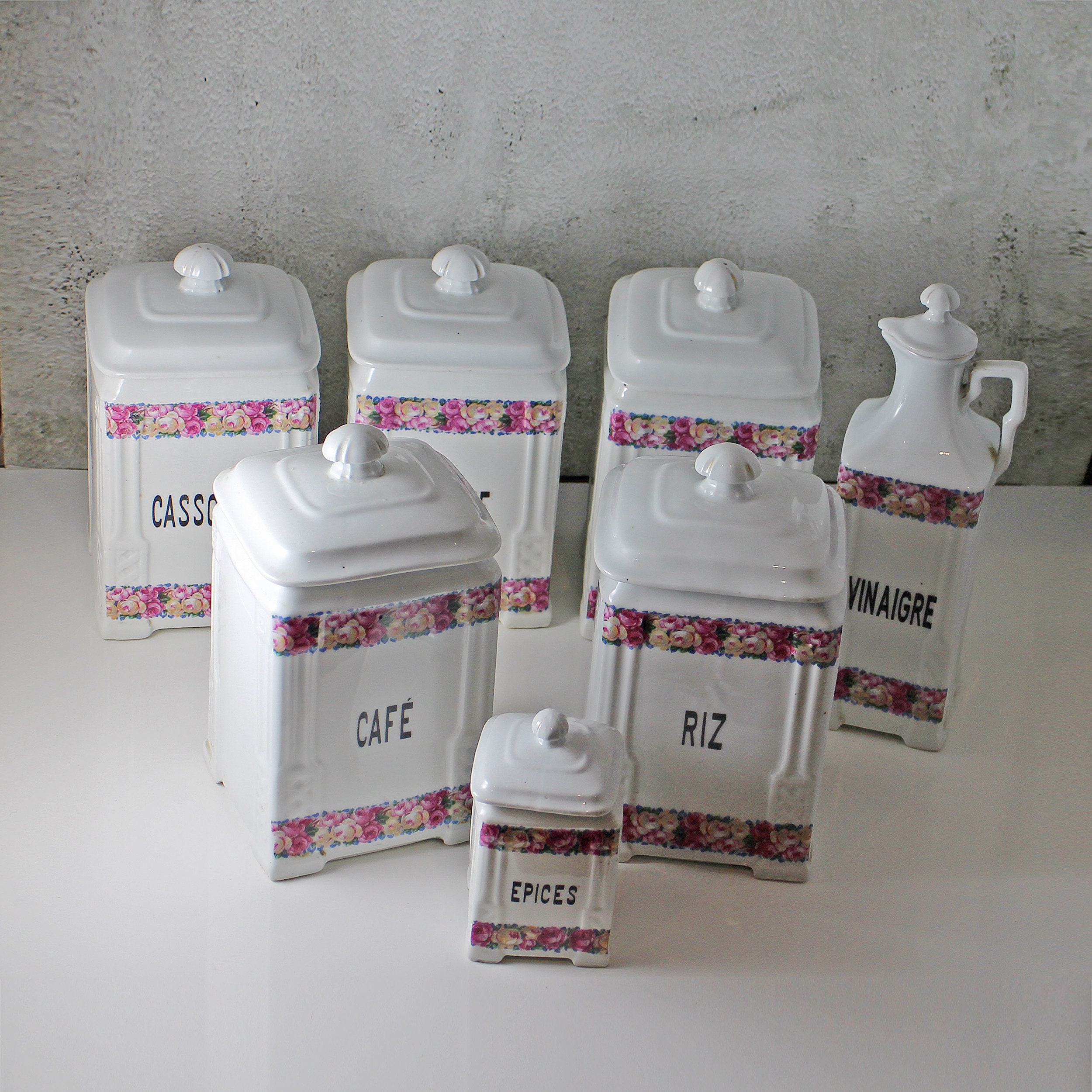 Vintage French Set of 7 Porcelain Storage Canisters Spice - Etsy