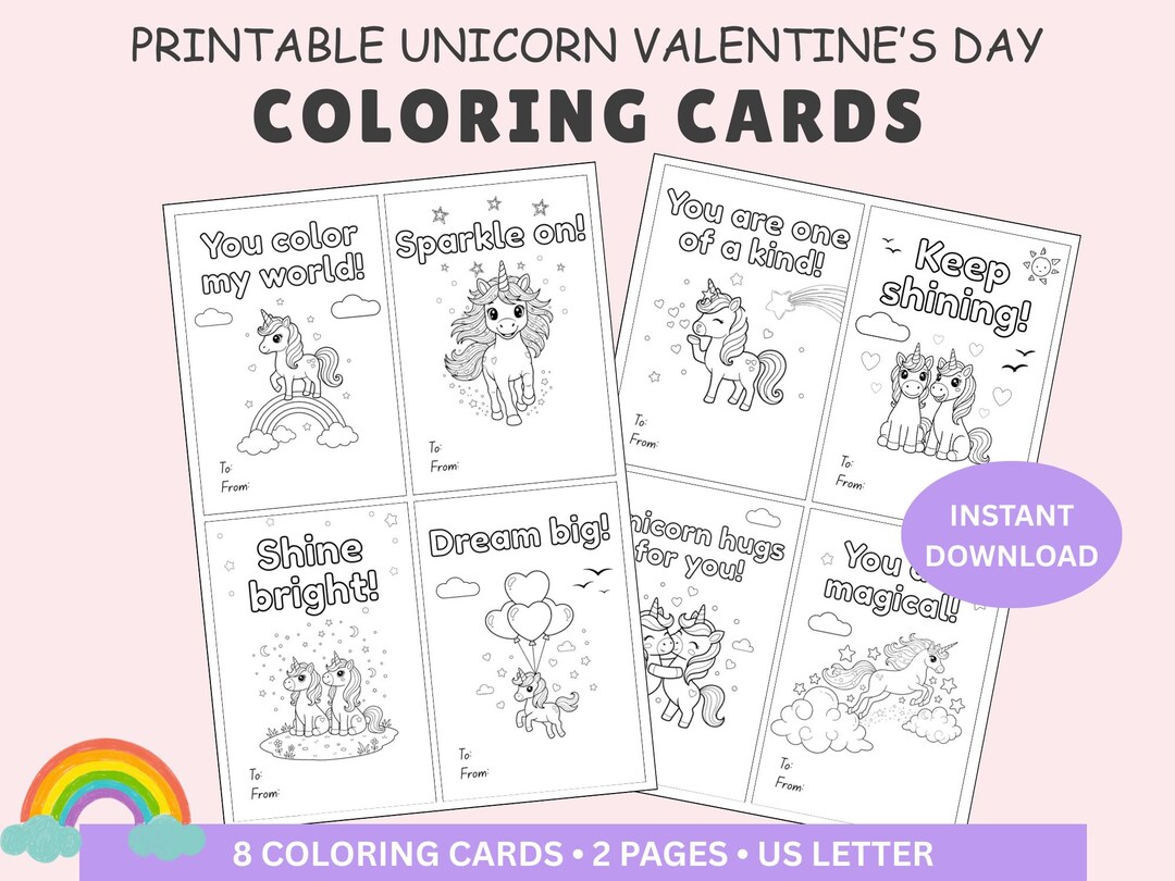 Printable Unicorn Valentine Coloring Cards for Kids | Elementary School ...