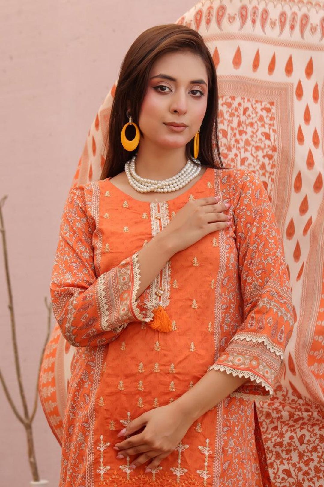 Burnt Tangerine 3-piece Embroidered Lawn Set - Etsy