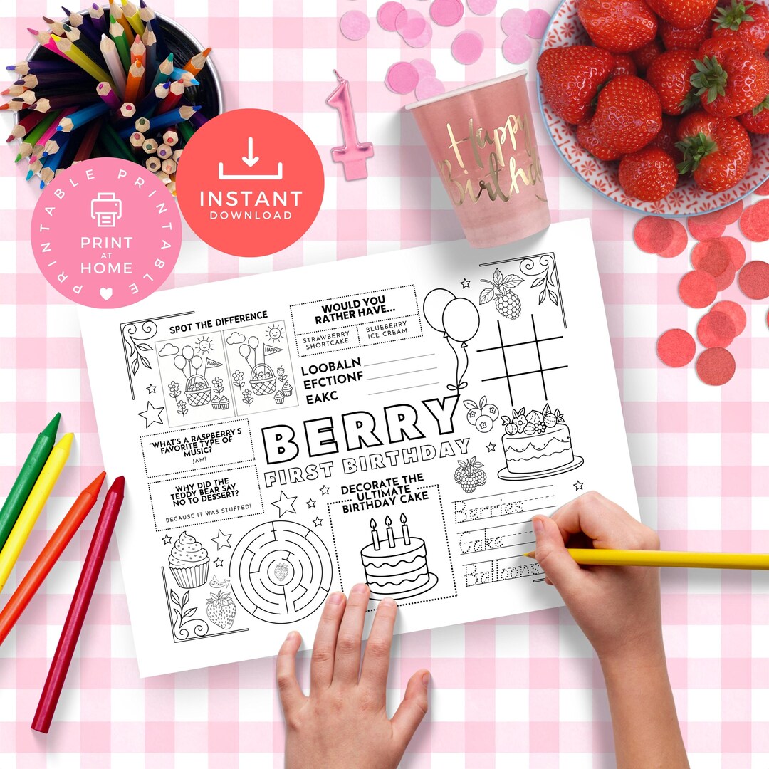 Berry First Birthday Coloring Placemat: Strawberry Birthday Party ...