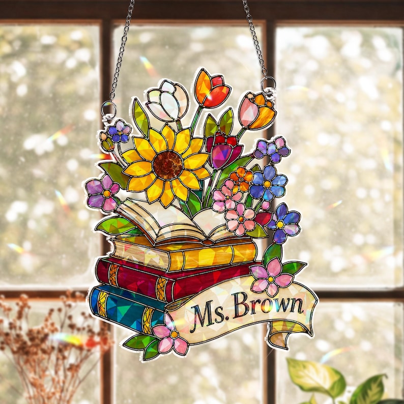 Personalized Hologram Window Hanging: Teacher Books and Flowers Decor ...
