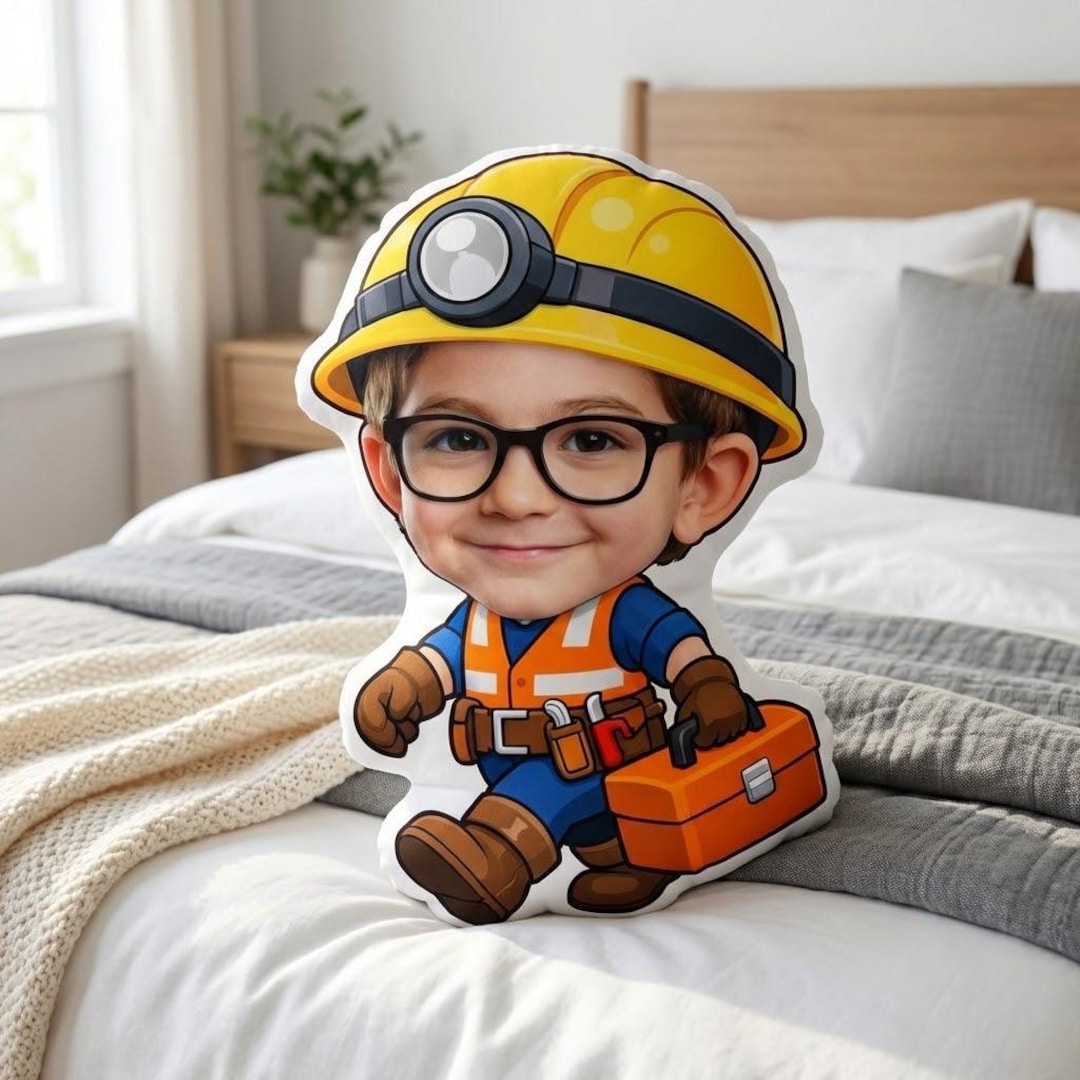 Custom Plush Pillow: Cartoon Construction Worker, Child Face Print ...