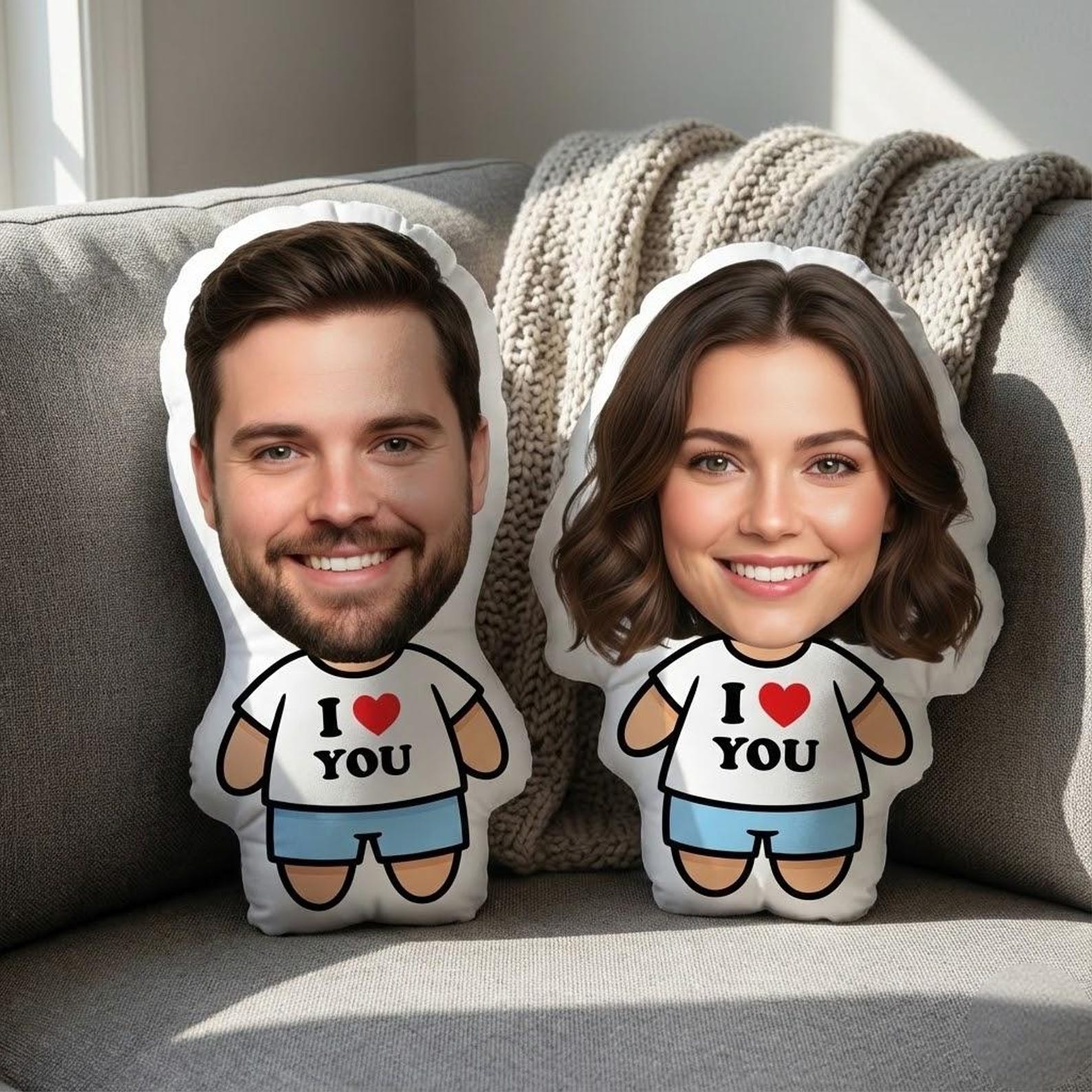 Custom Plush Couple Pillow: Photo Face Design, Cartoon Outfit Print ...