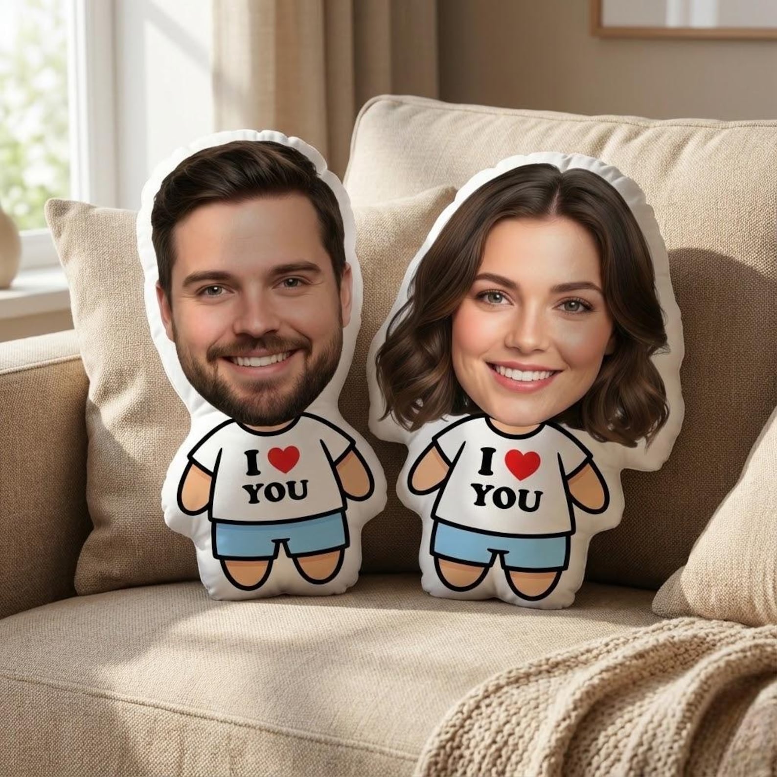 Custom Plush Couple Pillow: Photo Face Design, Cartoon Outfit Print ...