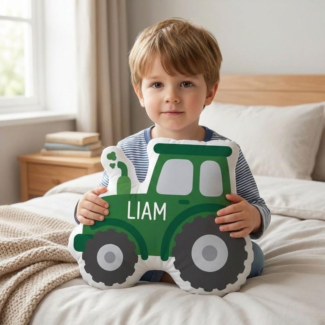 Personalized Tractor Pillow – Plush Farm Toy, Green Vehicle Decor, Kids ...