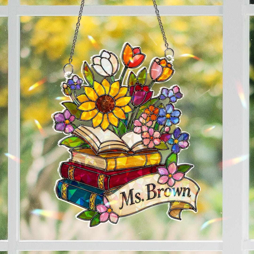 Personalized Hologram Window Hanging: Teacher Books and Flowers Decor ...