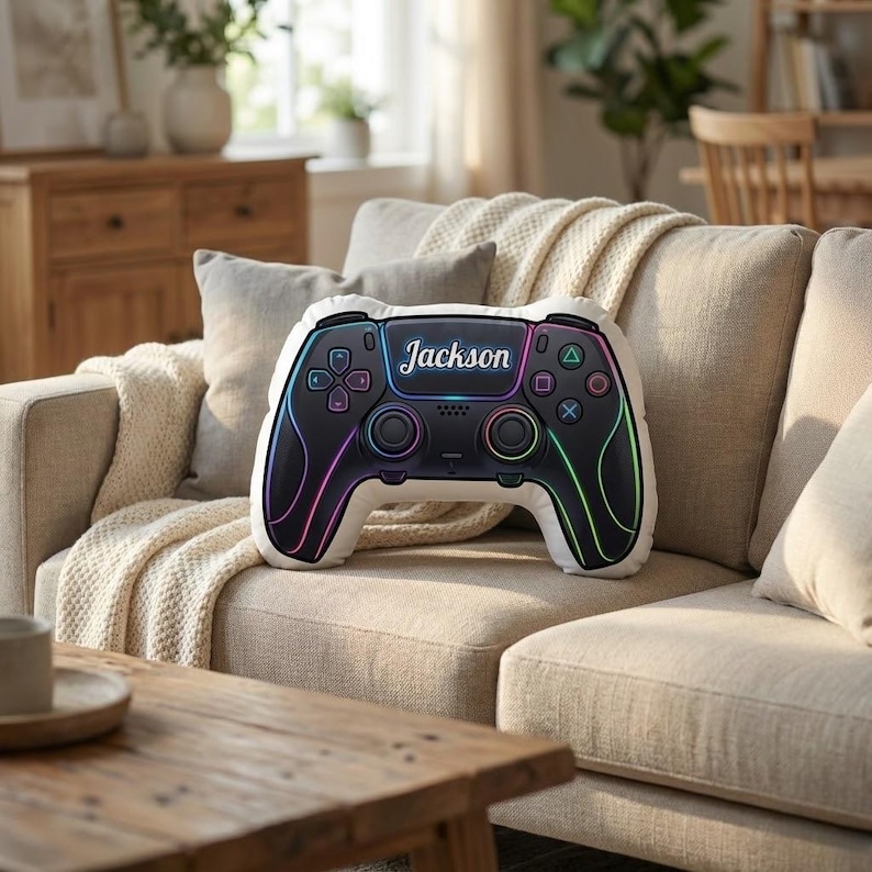 Personalized Plush Pillow: Video Game Controller Shape, Neon Outline ...