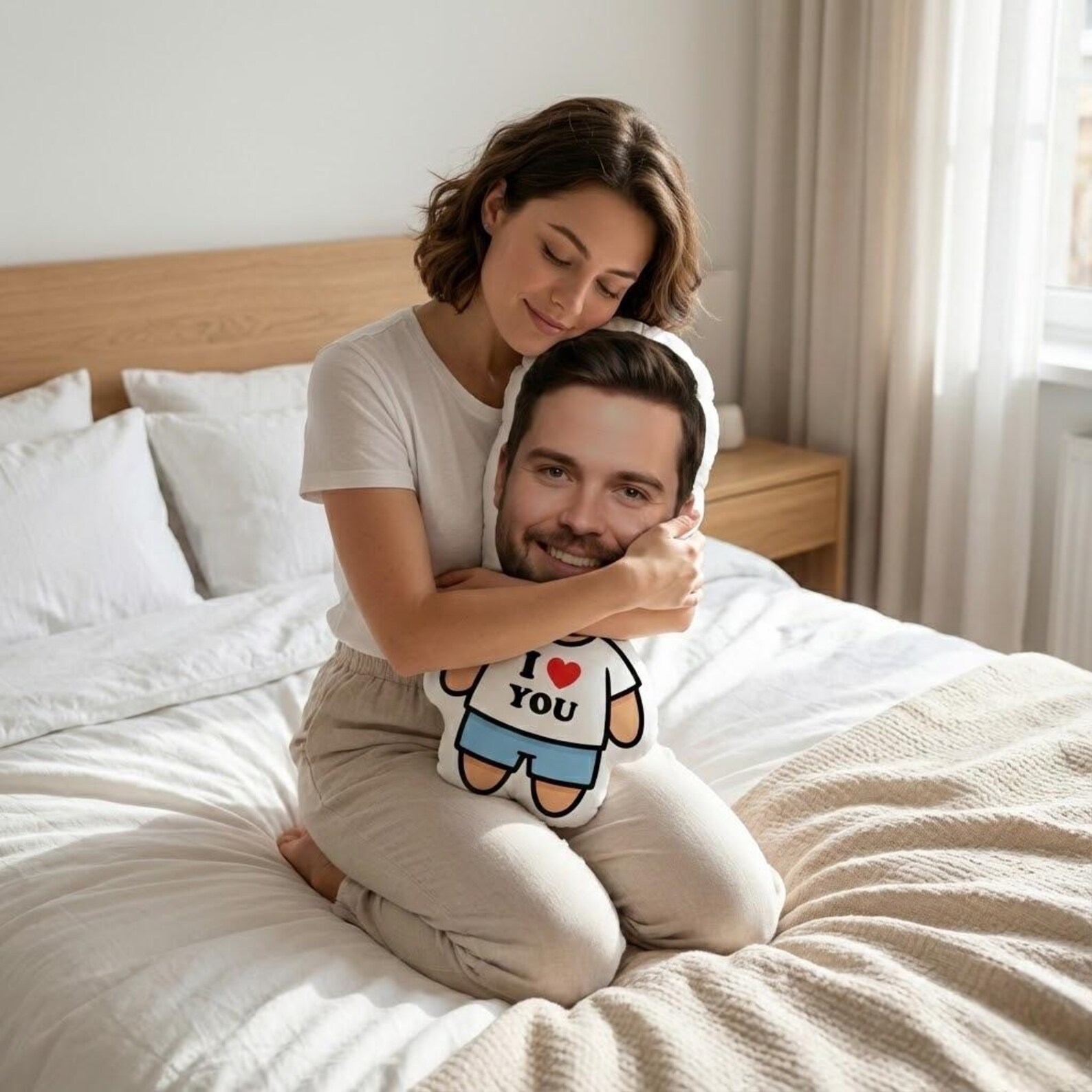 Custom Plush Couple Pillow: Photo Face Design, Cartoon Outfit Print ...